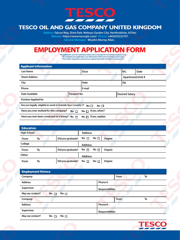 Tesco Oil and Gas Company United Kingdom Job Offer Application Form ...