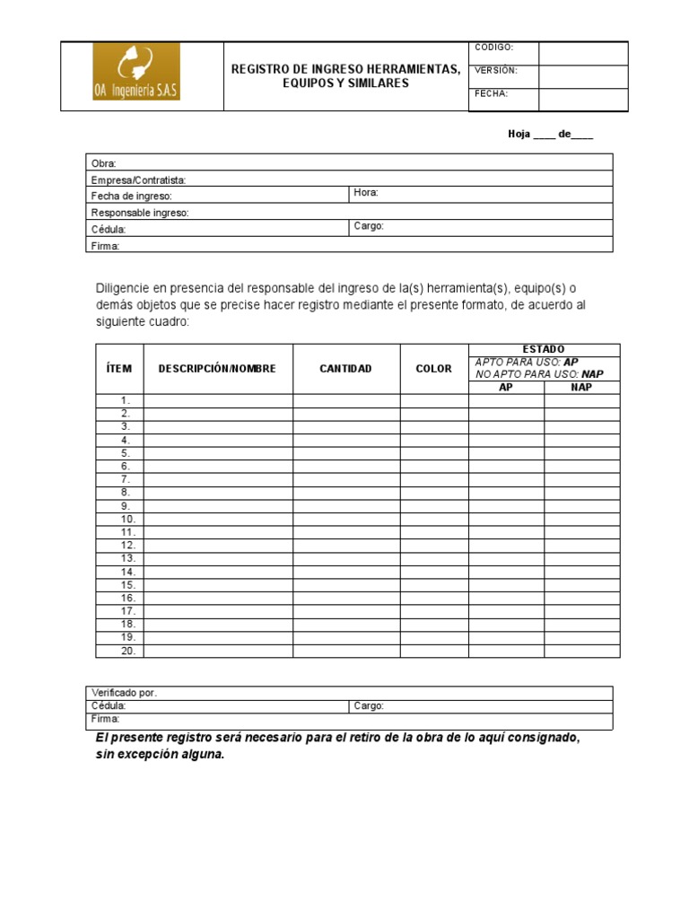 Hoja De Registro De Salida De La Sala De Herramientas La Audiencia