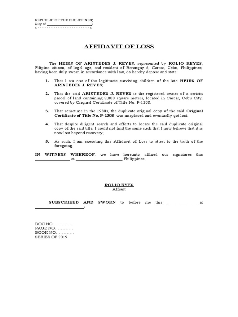 Affidavit of Loss of Title REYES | PDF