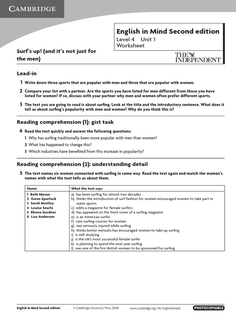 English in Mind2 Level4 Unit1 Extra Reading Practice Worksheet | PDF ...