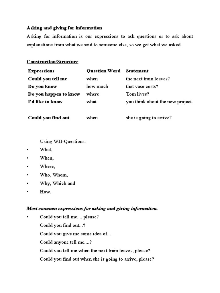 Most Common Expressions For Asking and Giving Information | PDF | Question