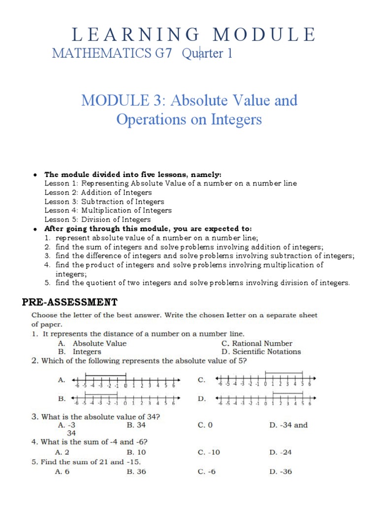 Learning Module: MODULE 3: Absolute Value and Operations On Integers | PDF