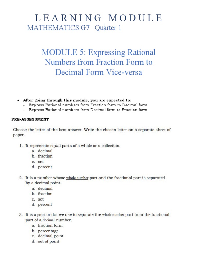 Learning Module: MODULE 5: Expressing Rational Numbers From Fraction ...