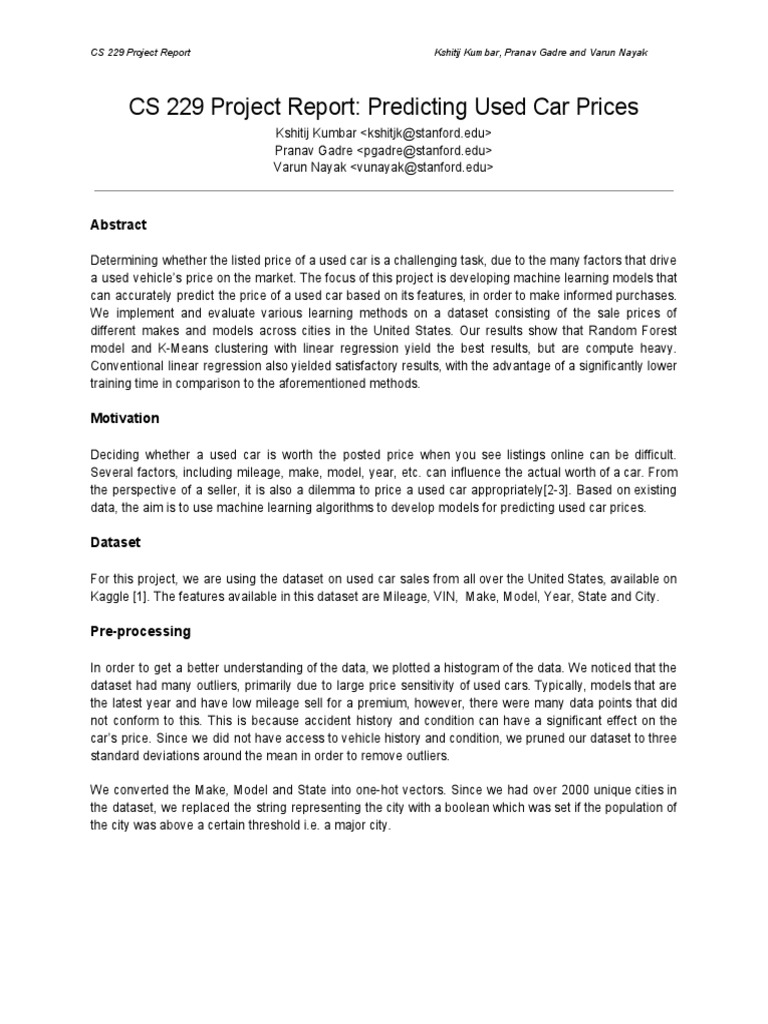 CS 229 Project Report: Predicting Used Car Prices | PDF | Regression ...