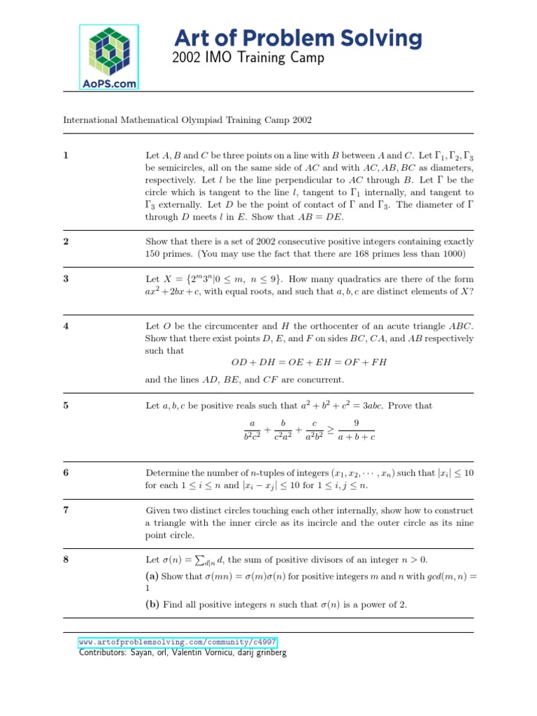 2002 IMO Training Camp: Contributors: Sayan, Orl, Valentin Vornicu ...