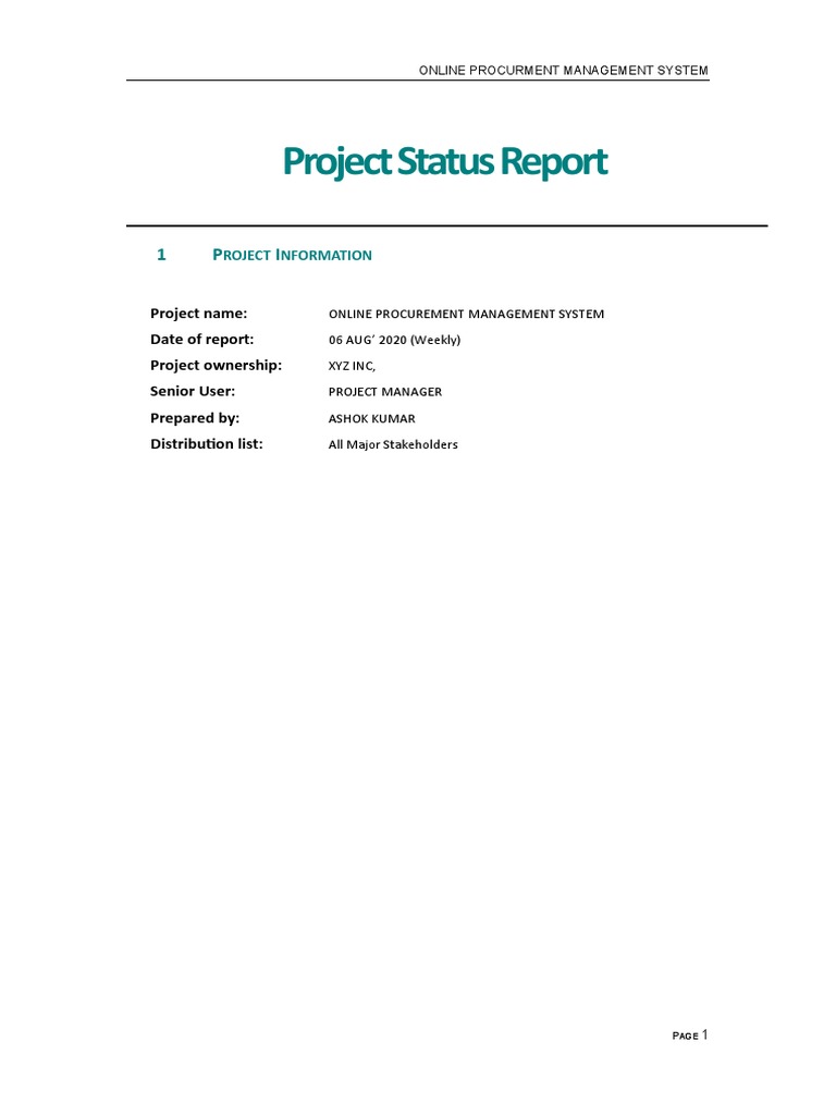 Project Status Report: Project Name: Date of Report: Project Ownership ...