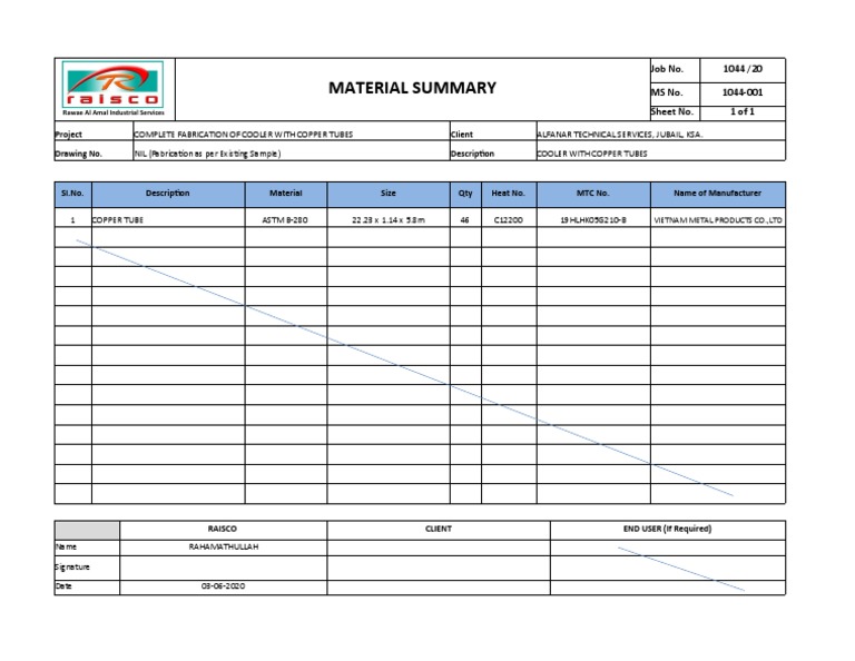 Material Summary: Project Client Drawing No. Description | PDF