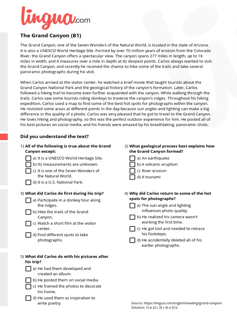 The Grand Canyon (B1) : Did You Understand The Text? | PDF | Grand ...