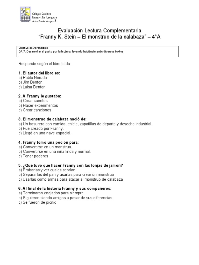 Evaluación de "Franny K. Stein" | PDF