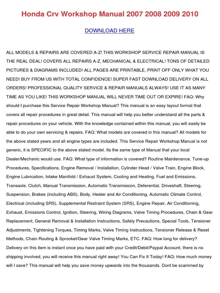 A Comprehensive Guide to Servicing and Repairing the 2007-2010 Honda CR-V | PDF | Engines ...