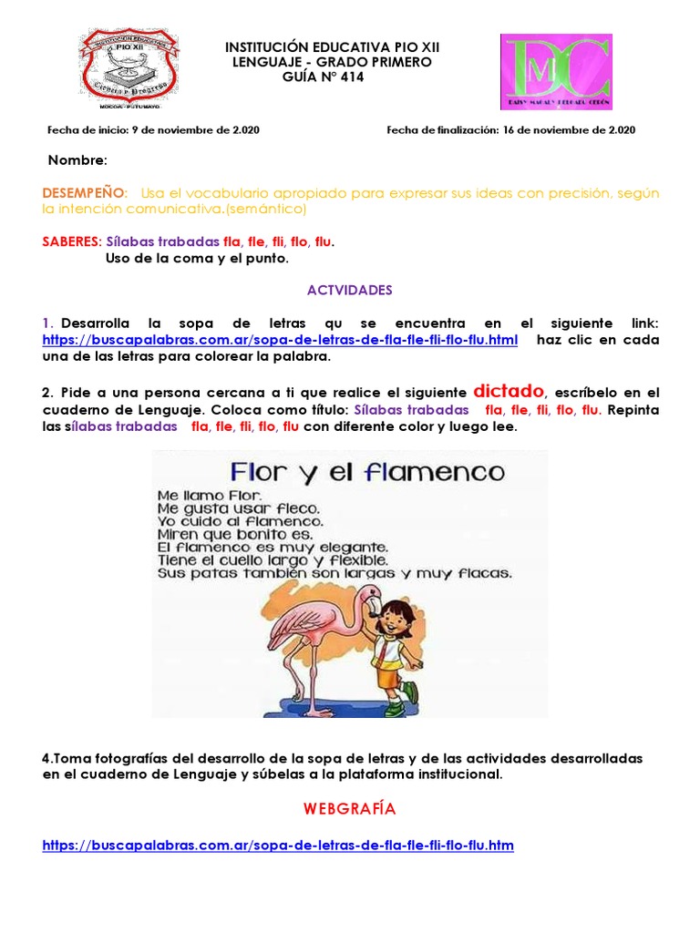 GUÍA 414 LENGUAJE. SÍLABAS Fla, Fle, Fli, Flo, Flu | PDF