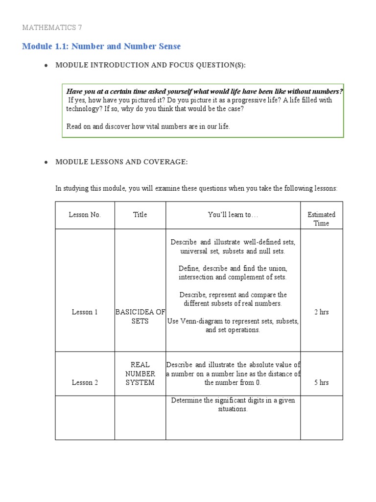 Module 1.1: Number and Number Sense | PDF | Set (Mathematics) | Integer
