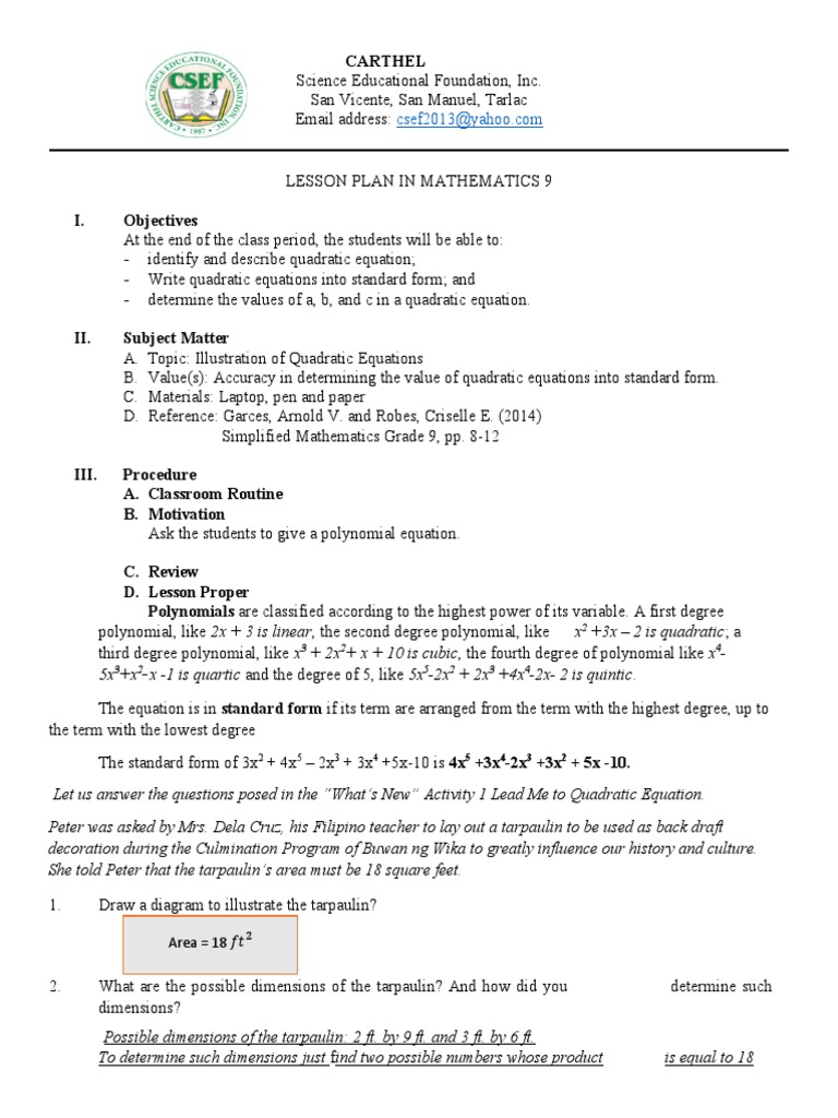 G9 Lesson Plan | PDF | Area | Equations