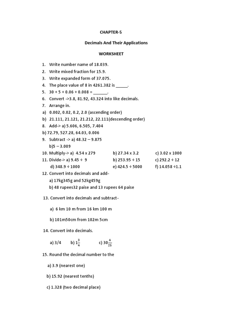 Class-5, Maths, Worksheet, Chapter-5 | PDF