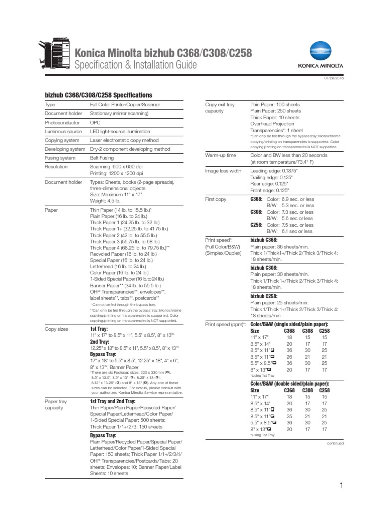 C368 C308 C258 Spec and Install Guide PDF | PDF | Paper | Fax