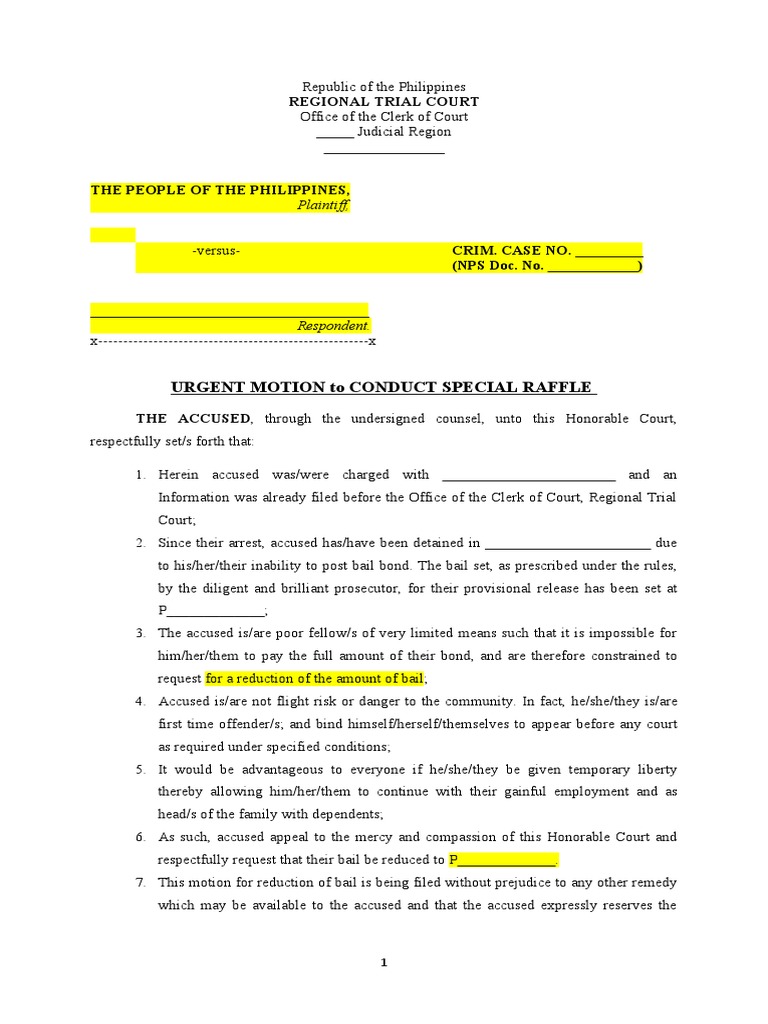 Urgent Motion Bail - Pending Raffle Format | PDF | Bail | Judiciaries