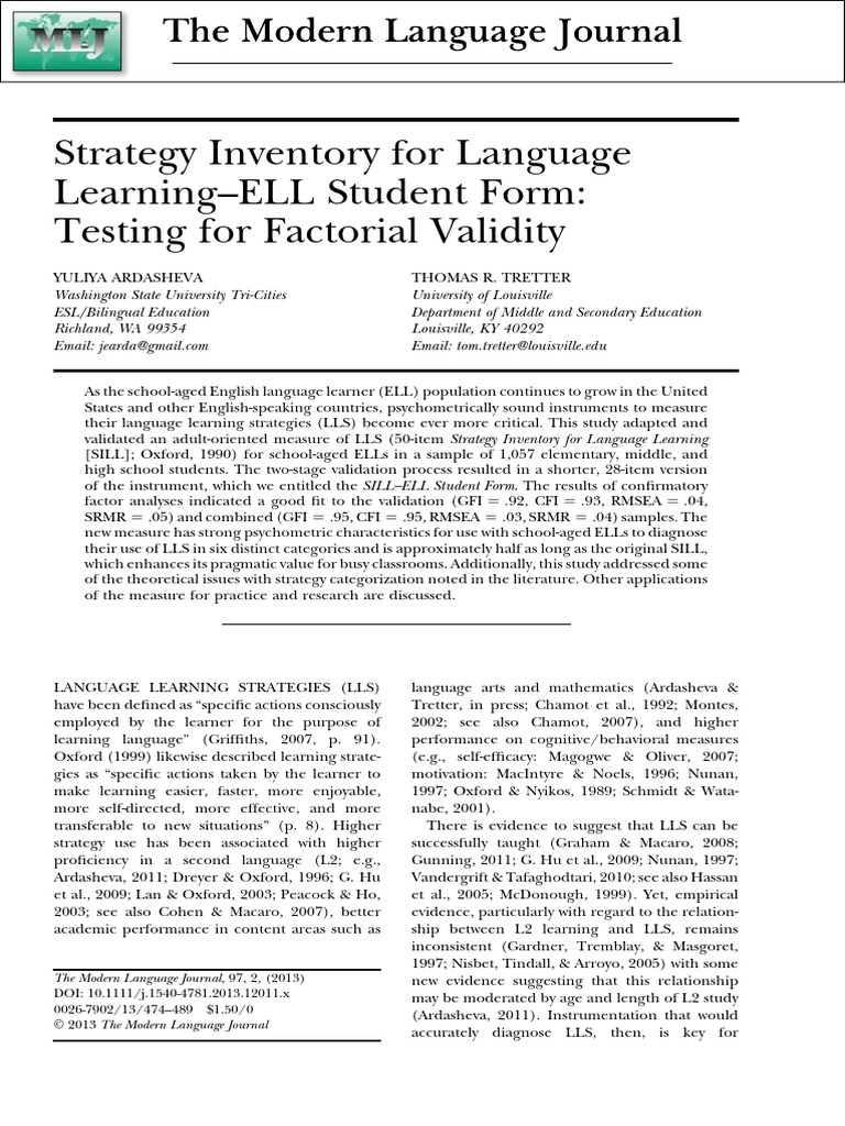 Strategy Inventory For Language Learning-ELL Student Form: Testing For ...
