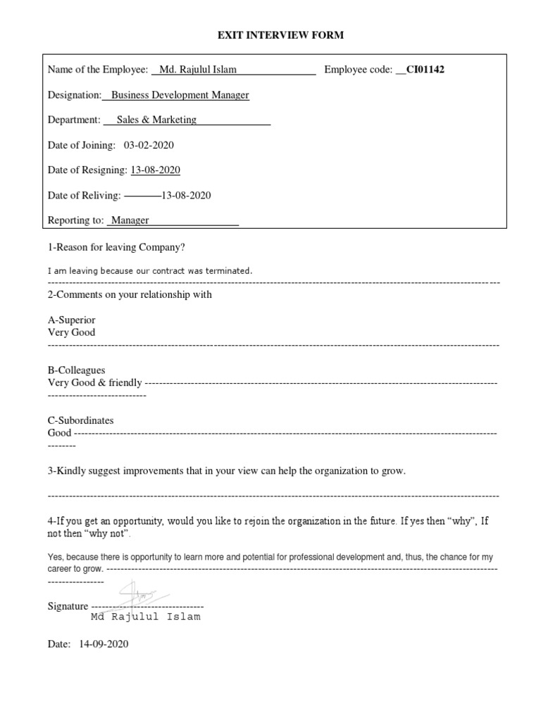 Exit Interview Form: I Am Leaving Because Our Contract Was Terminated | PDF