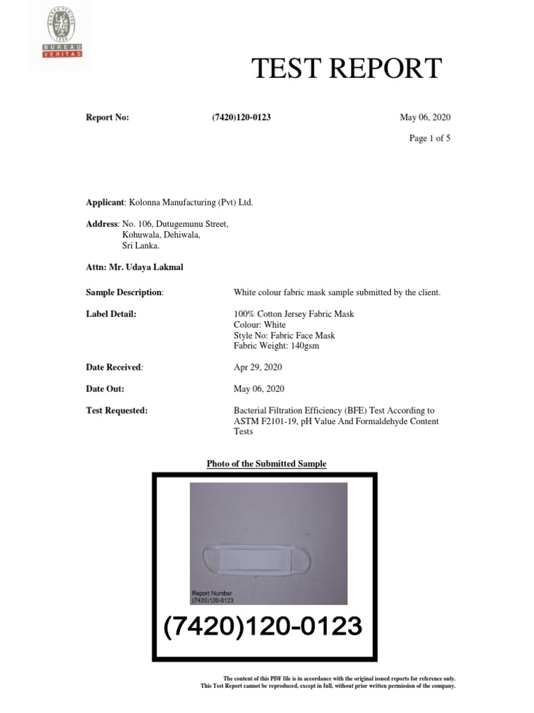 MASK Test Report by BV | PDF | Nature