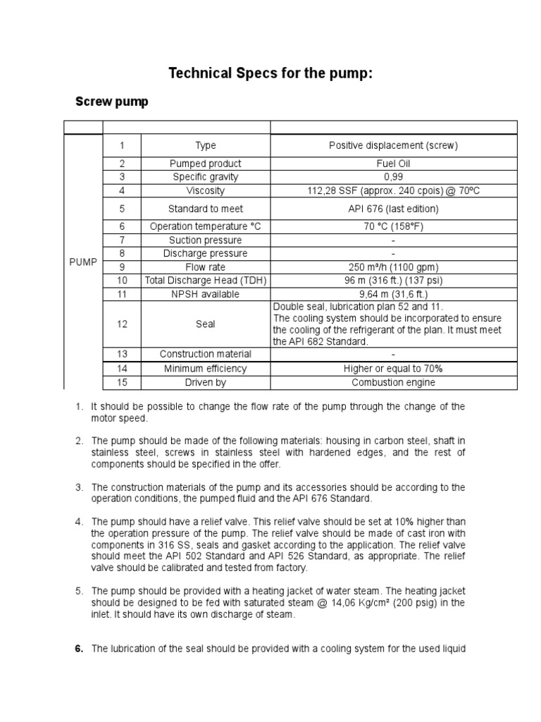 Specs of Screw Pump | PDF | Bearing (Mechanical) | Pump