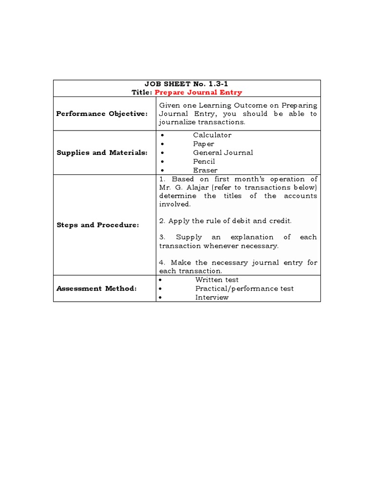JOB SHEET Prepare Journal Entry | PDF | Debits And Credits | Financial ...