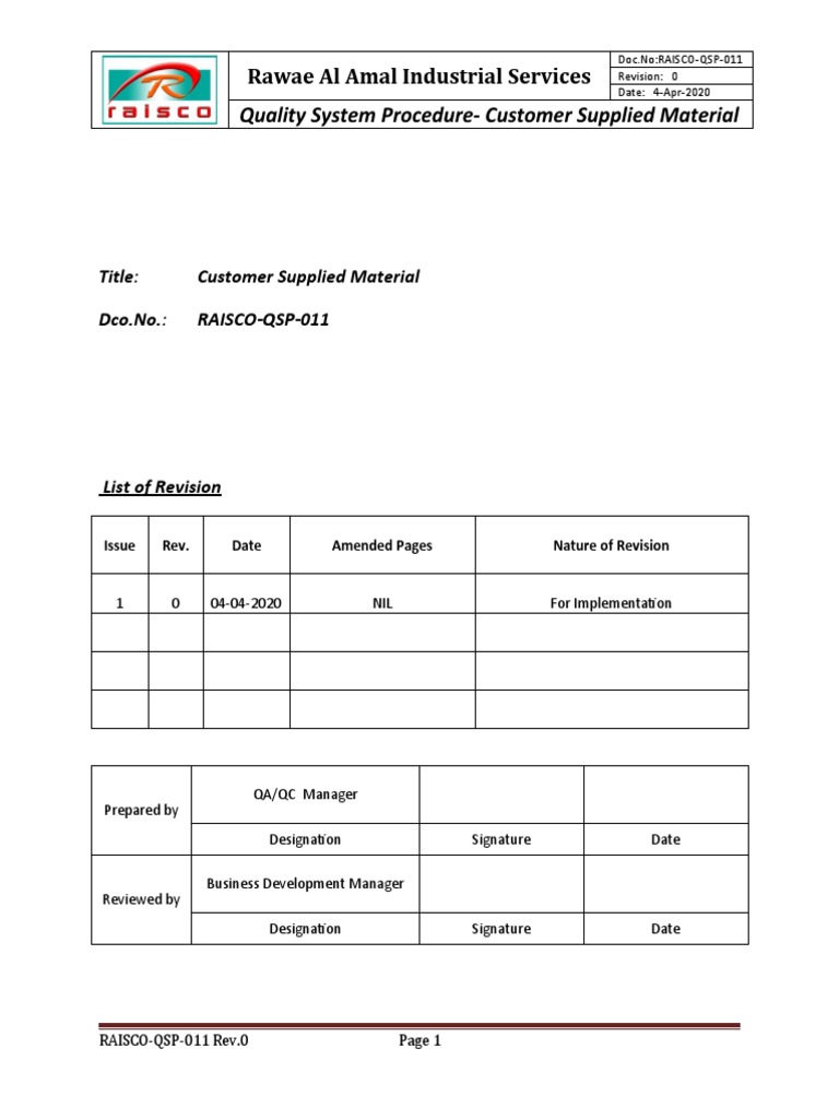 Customer Supplied Material Procedure | PDF