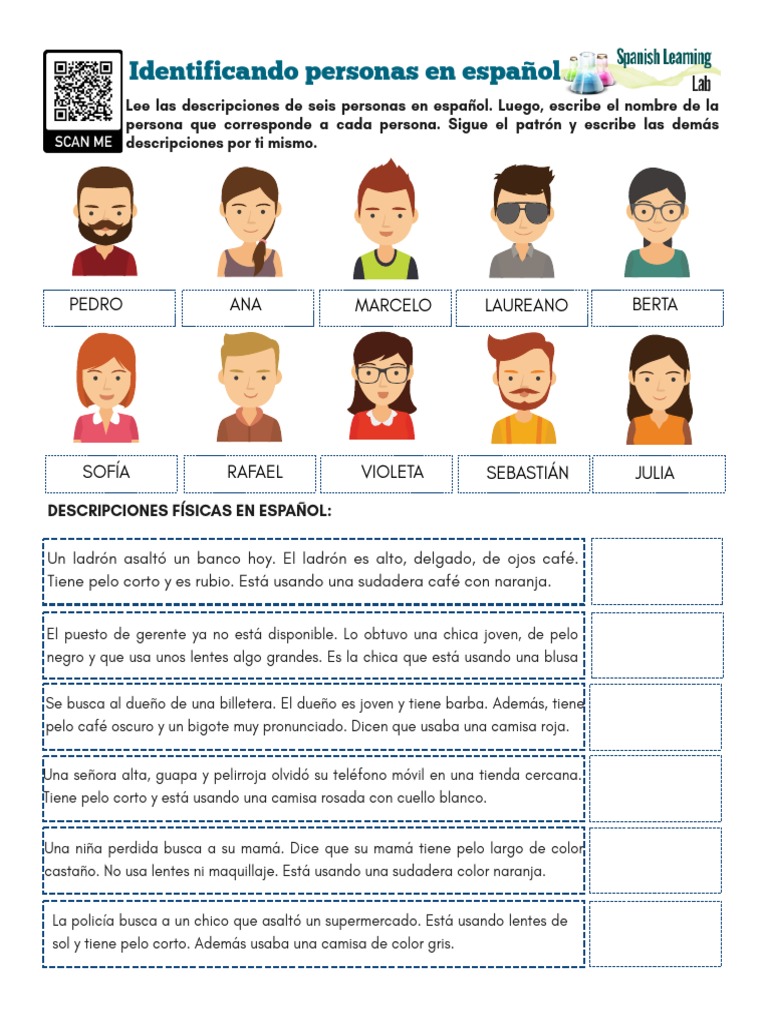 Identifying People in Spanish PDF Worksheet Physical Descriptions ...