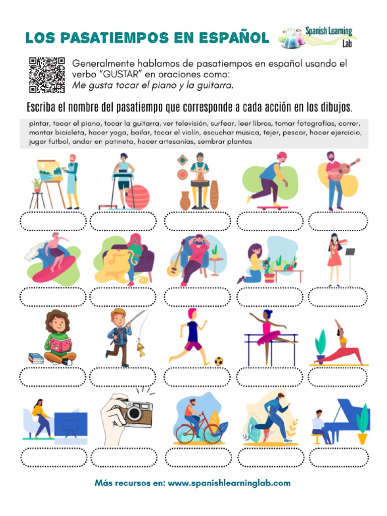 Pictionary Hobbies in Spanish Worksheet Vocabulario Pasatiempos Español ...