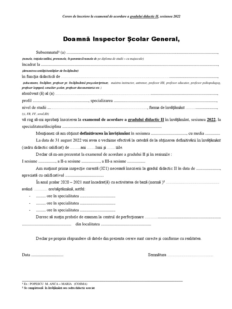 Cerere Inscriere Grad II 2022 - Anexa 1 - Cu Dosar PDF | PDF