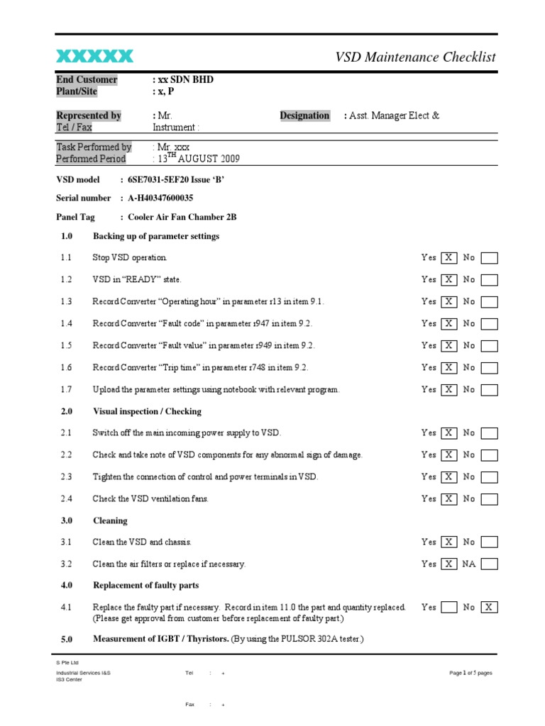 VSD Maintenance Checklist for Cooler Air Fan Chamber 2B at xx SDN BHD ...