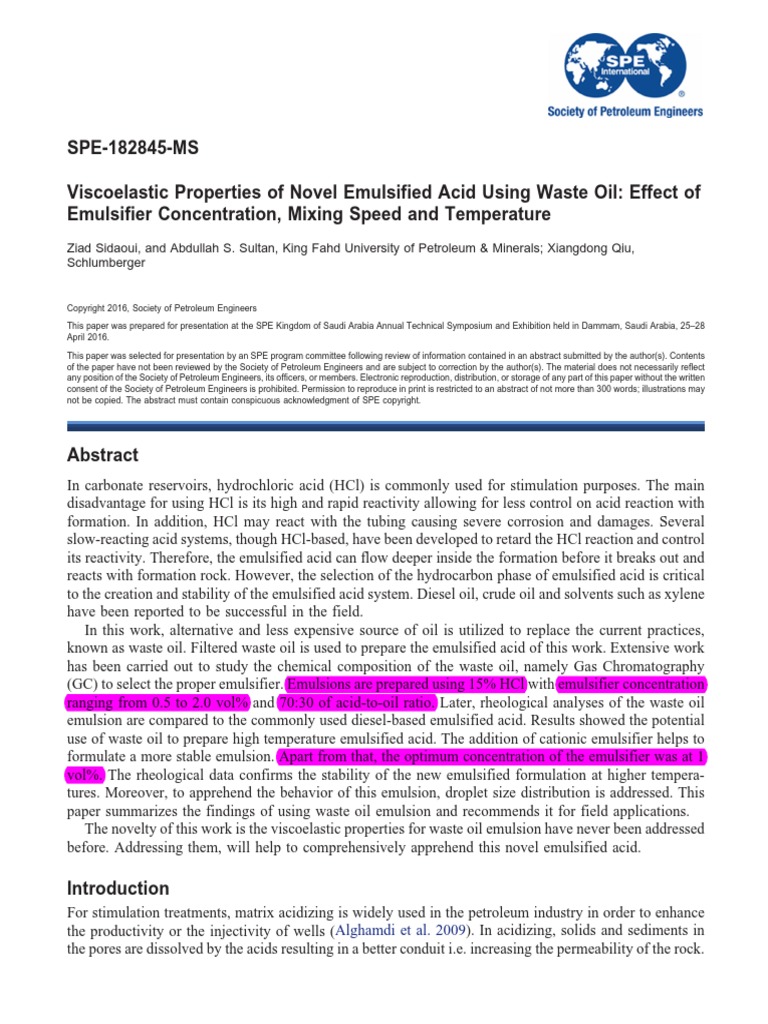 SPE-182845-MS Highlighted | PDF | Emulsion | Viscosity
