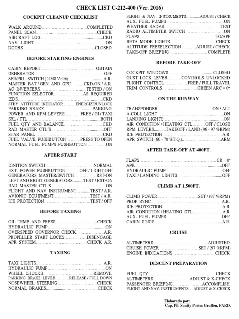 C-212-400 Cockpit Checklist | PDF | Aviation | Aircraft