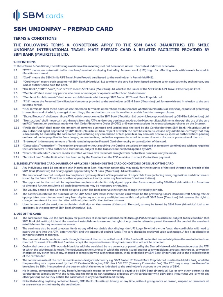 SBM UPI Prepaid Card Terms and Conditions | PDF | Debit Card | Personal ...
