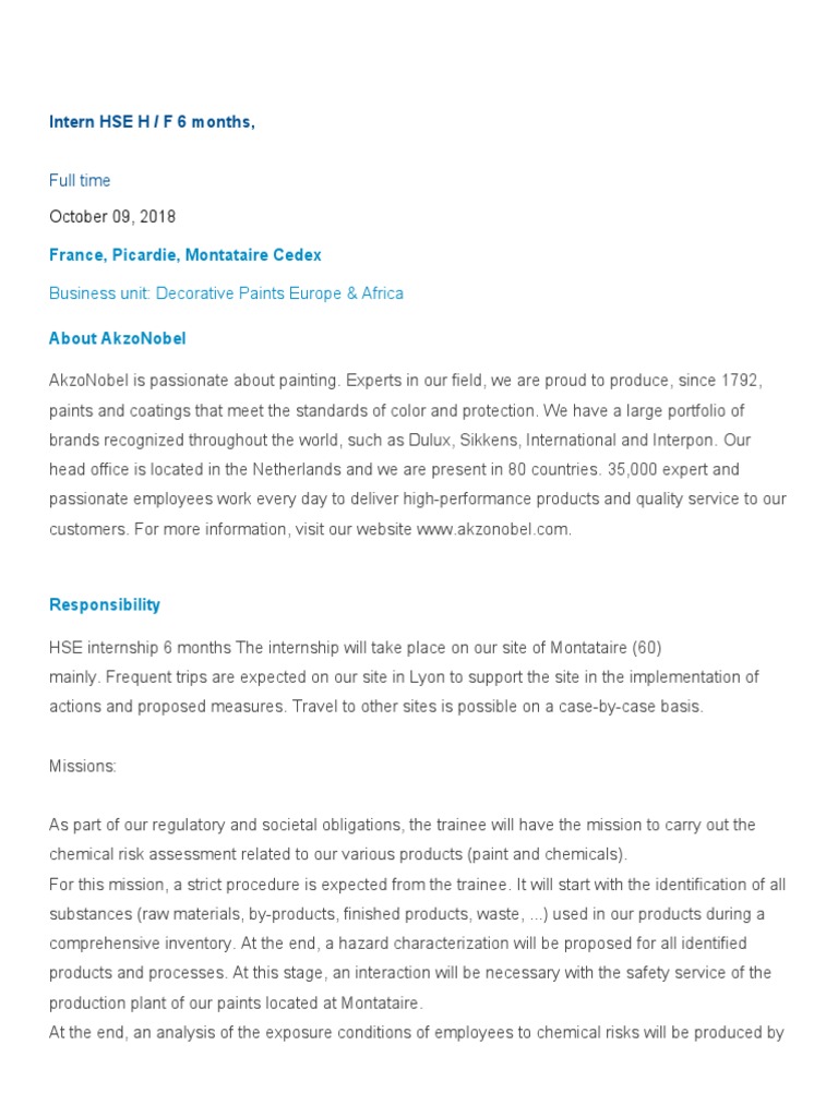 HSE Internship in Chemical Risk Assessment | PDF | Risk Assessment | Risk