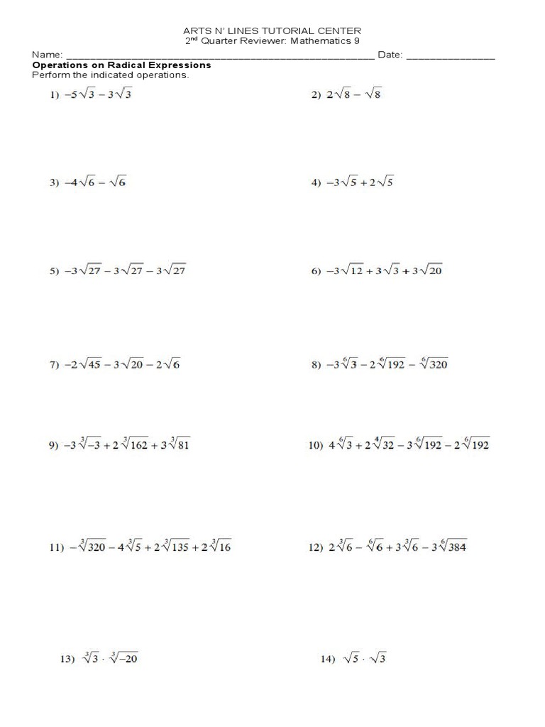 A Review of Basic Operations on Radical Expressions to Prepare Students ...