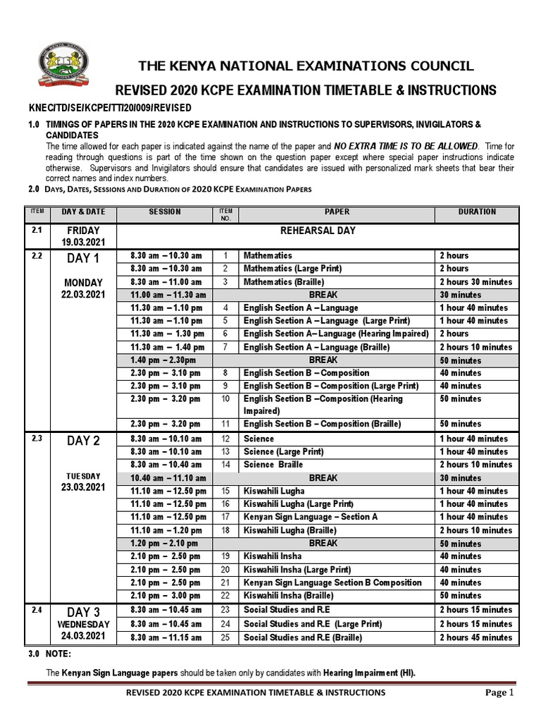 Revised 2020 Kcpe Examination Timetable & Instructions: The Kenya ...