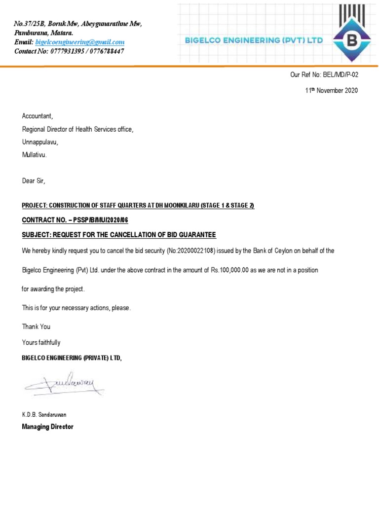 Bid Security Cancellation Request PDF | PDF