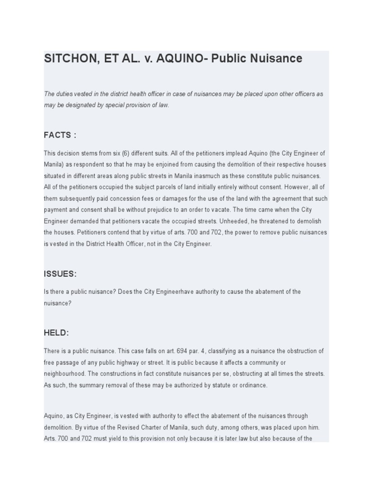 Sitchon Vs Aquino | PDF | Nuisance | Public Sphere