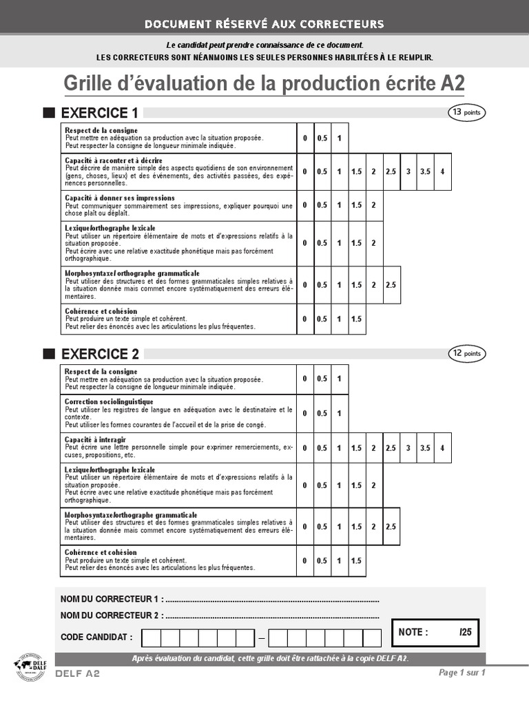 Grille Dévaluation Production Écrite DELF A2 1 PDF | PDF | Orthographie | Lexique
