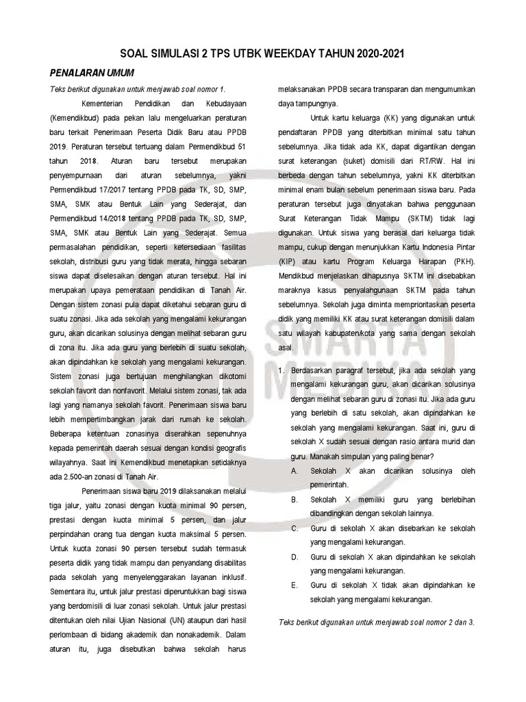 Soal Simulasi 2 TPS Utbk Weekday 2021 | PDF