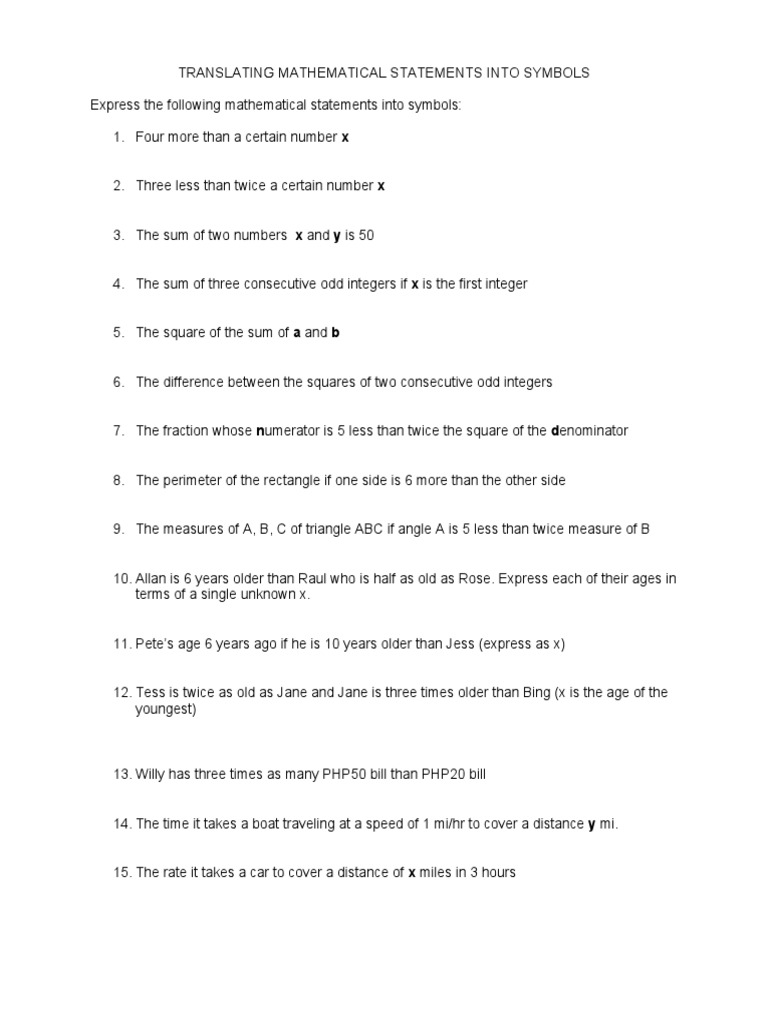 Translating Math Statements to Symbols | PDF | Language Arts ...