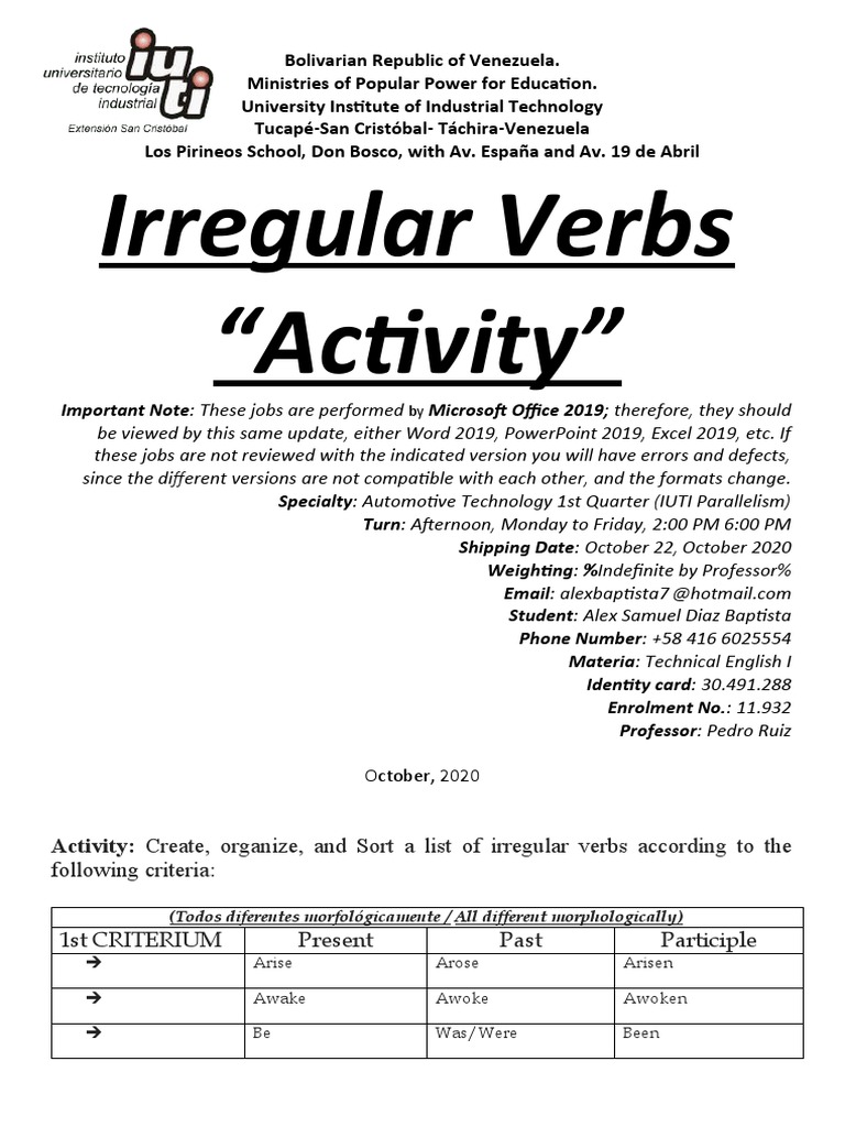 Ordenar Verbos Irregulares / Order Irregular Verbs | PDF | Linguistic ...