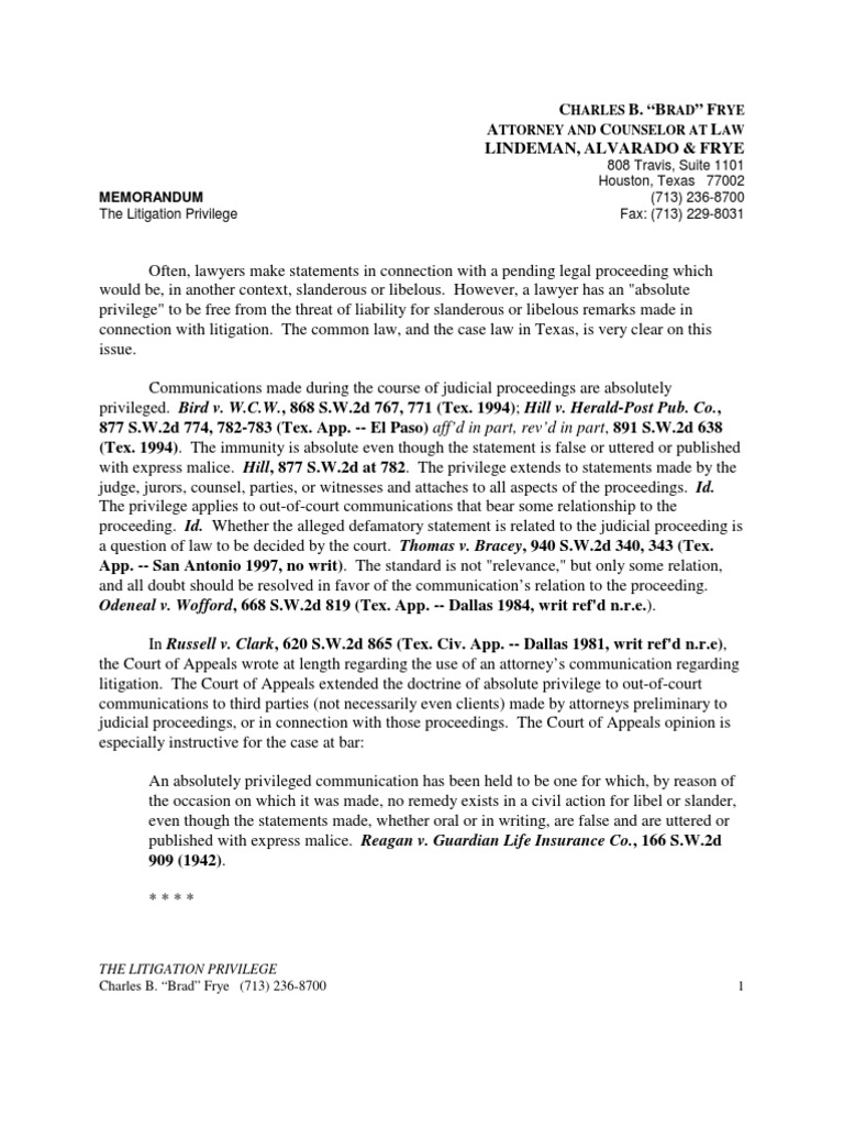 The "Litigation Privilege" in Texas | PDF | Defamation | Lawsuit