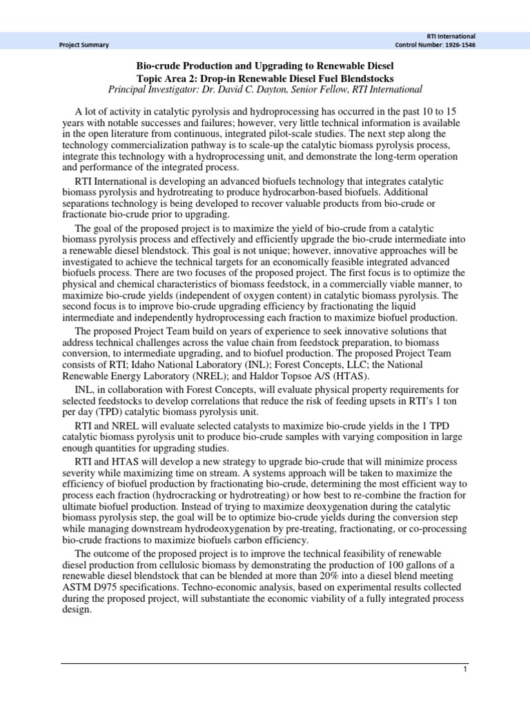 Research Triangle Institute Summary PDF | PDF | Biofuel | Biomass