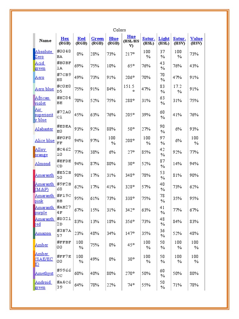 Colors Hex Codes and HSL/HSV Values | PDF | Color | Art Materials