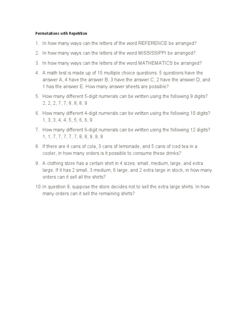 Permutations with Repetition Examples | PDF | Career & Growth ...