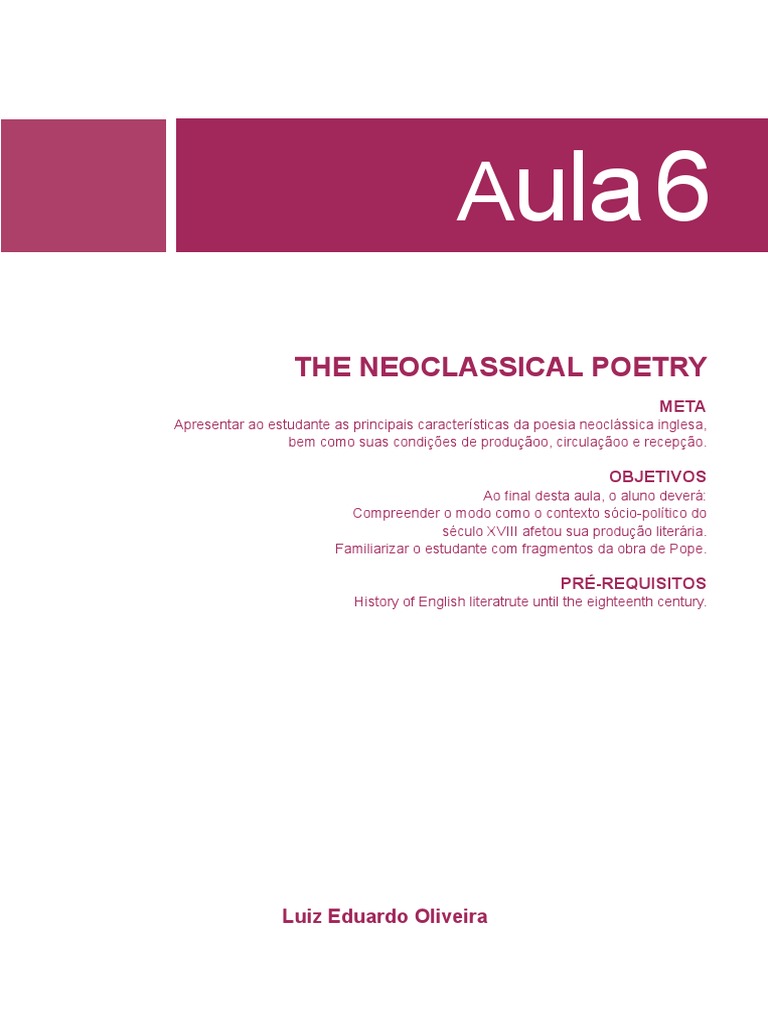 The Neoclassical Poetry: Luiz Eduardo Oliveira | PDF | Alexander Pope ...