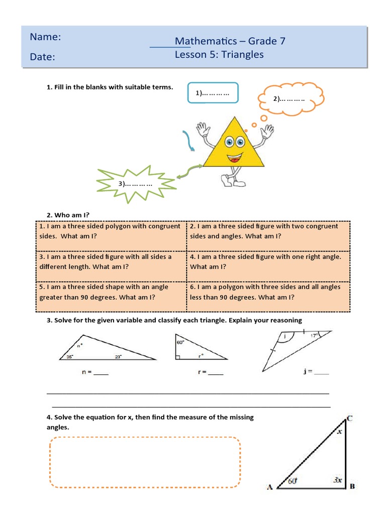 Mathematics - Grade 7 Lesson 5: Triangles Name: Date:: 1. Fill in The ...