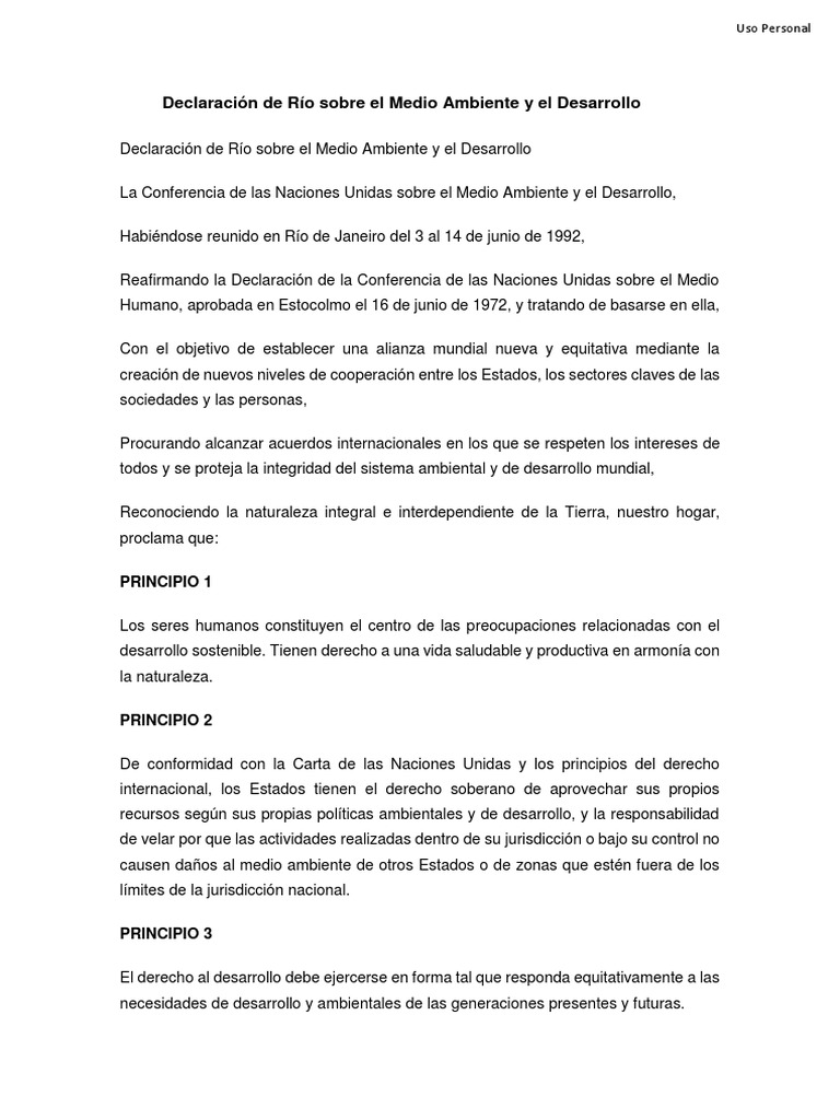 Declaración de Río Sobre El Medio Ambiente y El Desarrollo PDF ...