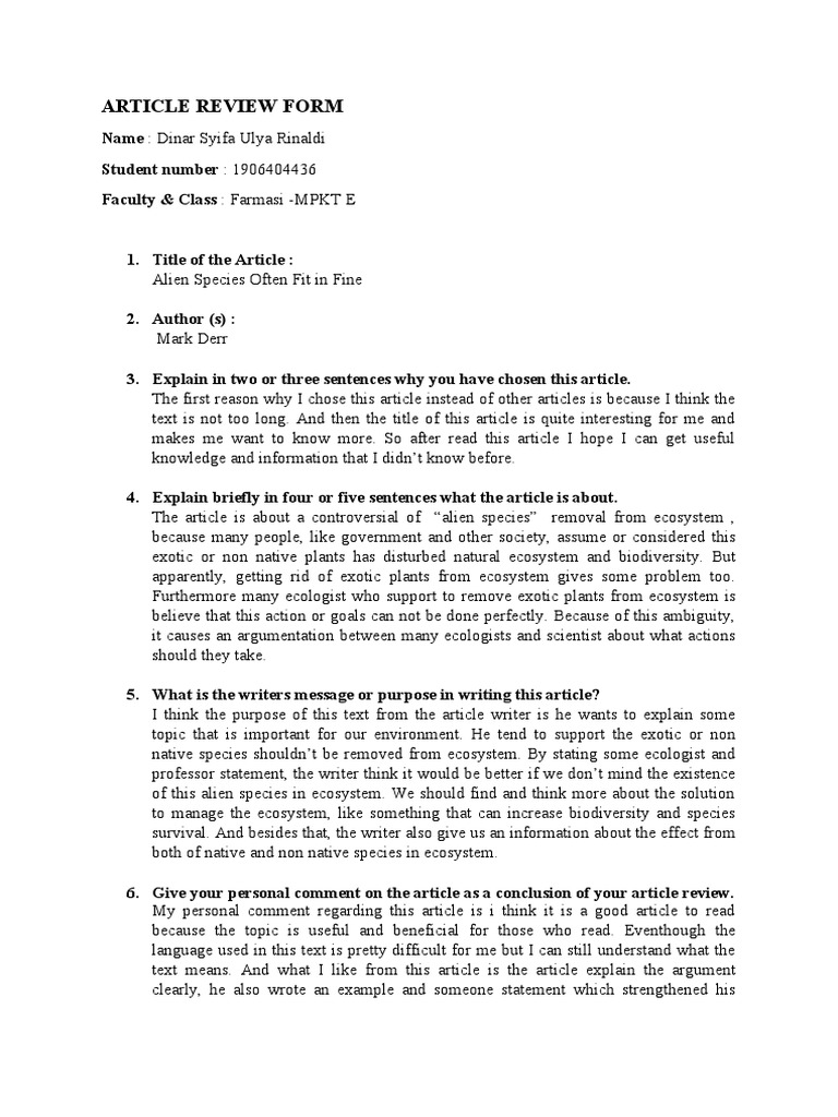 Article Review Form | PDF | Introduced Species | Ecosystem